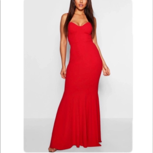 Boohoo | Dresses | Fitted Fishtail Maxi Dress Red | Poshmark